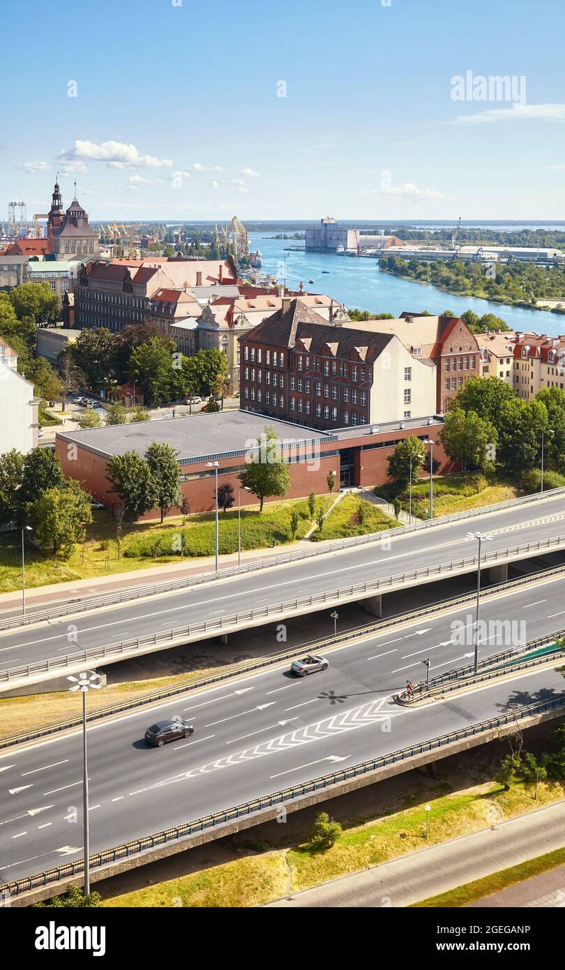 Aerial view of Szczecin cityscape with Castle Way road connecting the ...