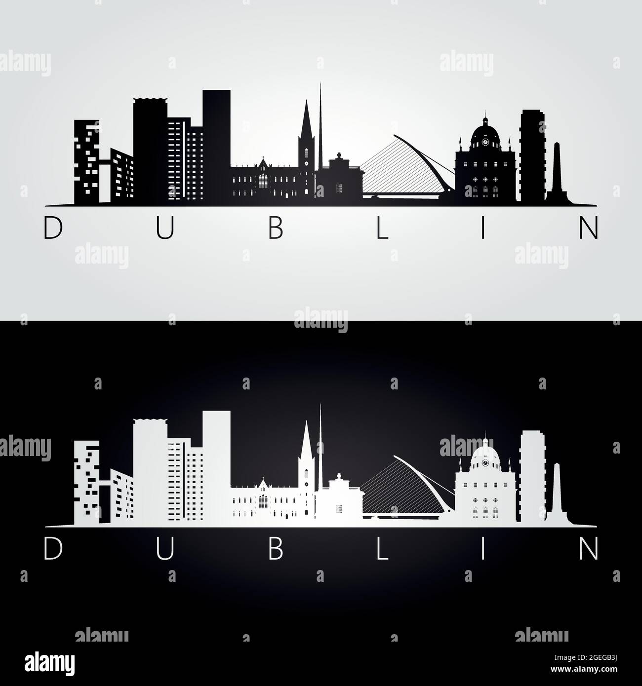 Dublin skyline and landmarks silhouette, black and white design, vector ...