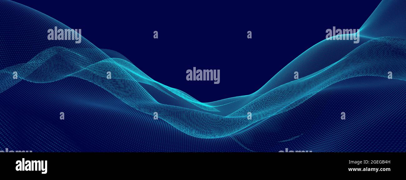 Blue wave points terrain or landscape over blue background, technology ...
