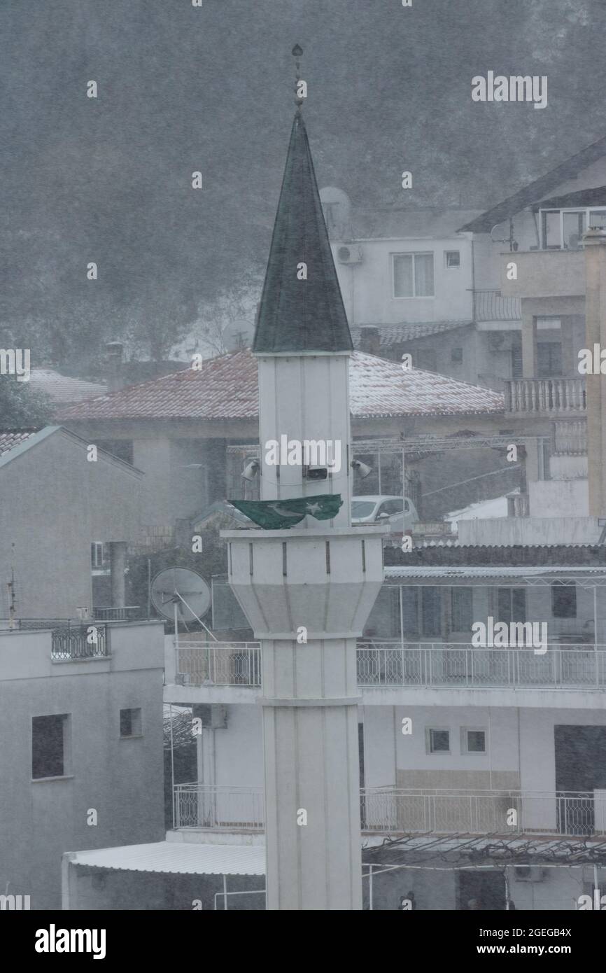 Top of a mosque covered in snow during a blizzard Stock Photo - Alamy