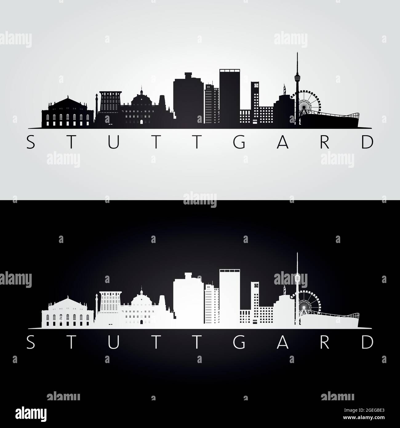Stuttgart skyline and landmarks silhouette, black and white design ...