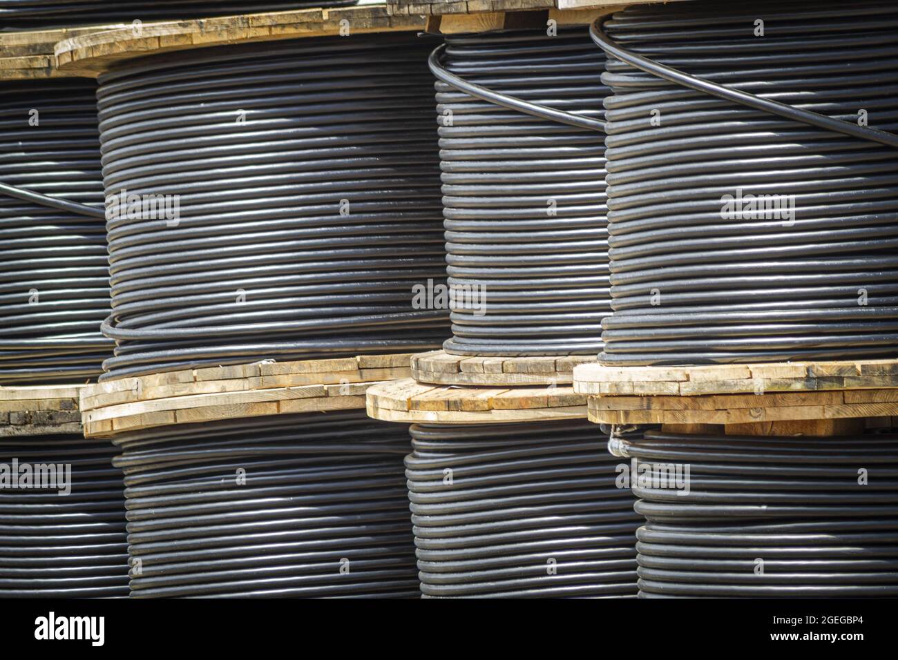 A high-voltage cables on spools used for electric power transmission ...