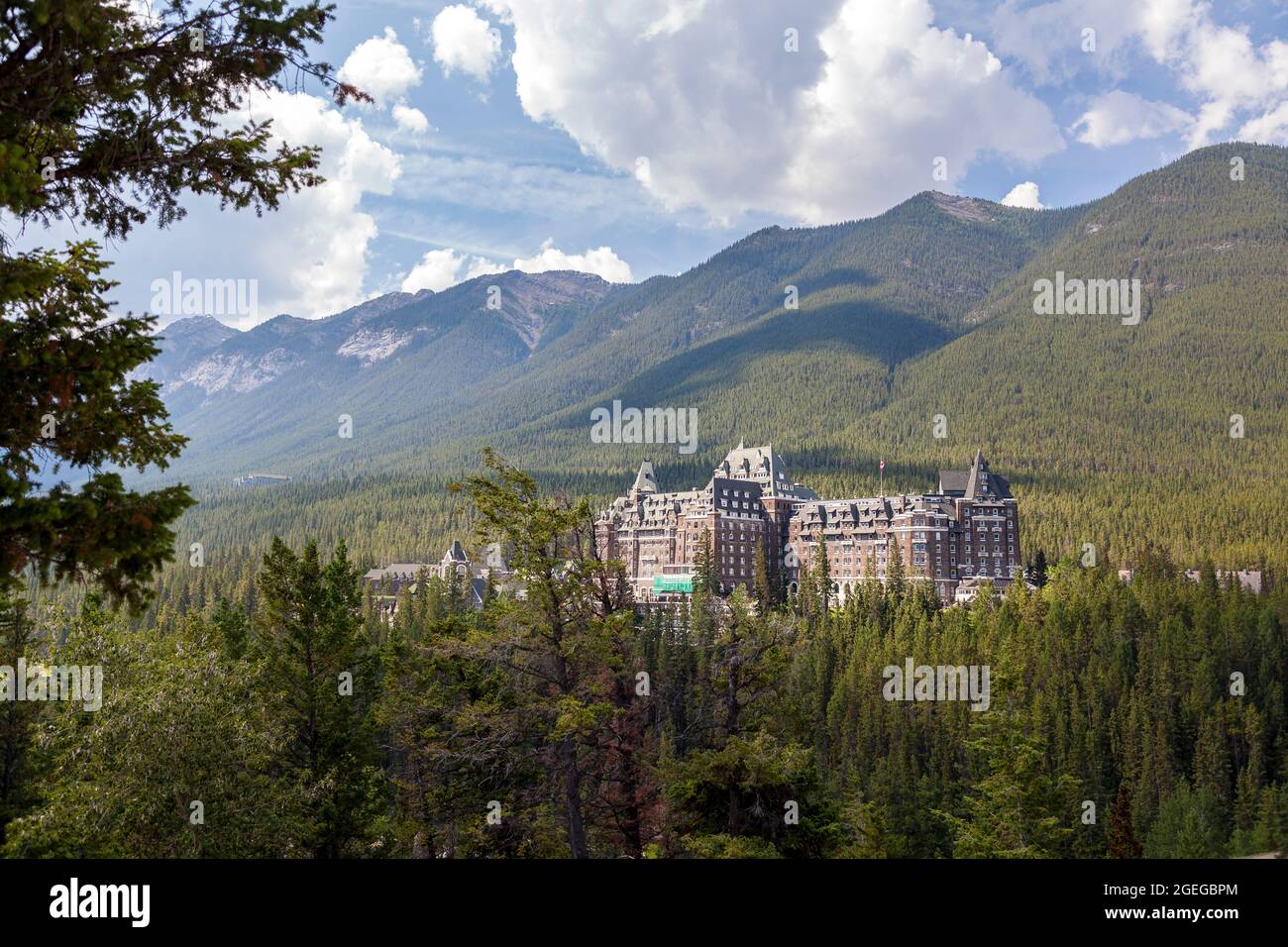 A distant view of the Fairmont Banff Springs hotel in the Banff ...