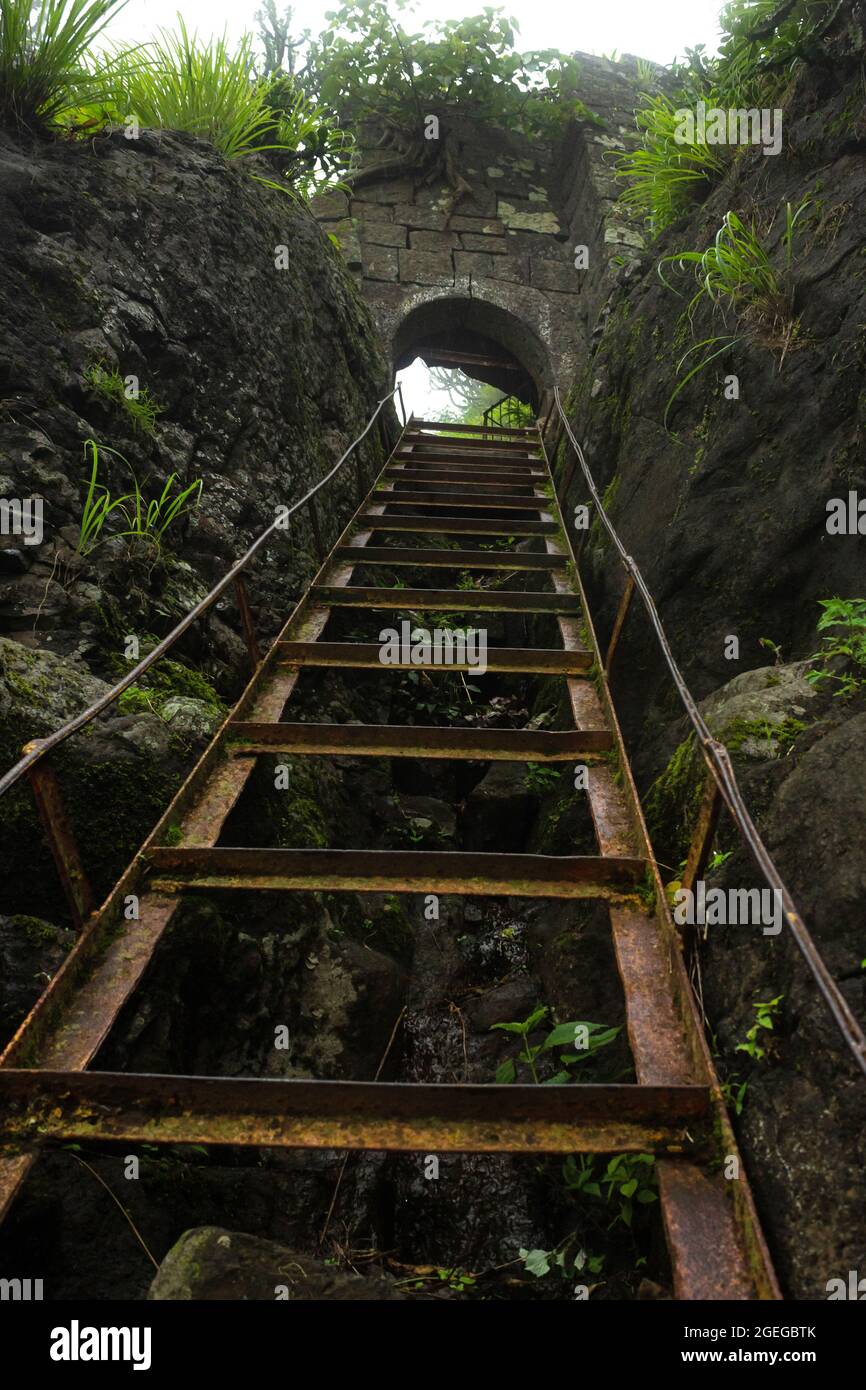 Iron stairs for the trekking to Kavnai Fort, Nashik, Maharashtra, India ...