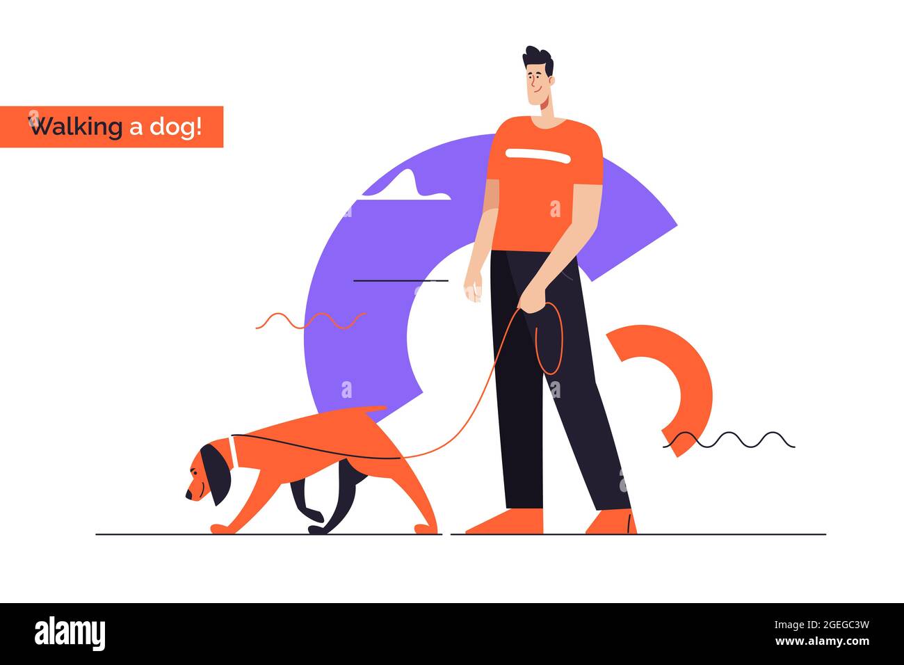 Young smiling man walking a dog on a leash. Flat style outline vector ...