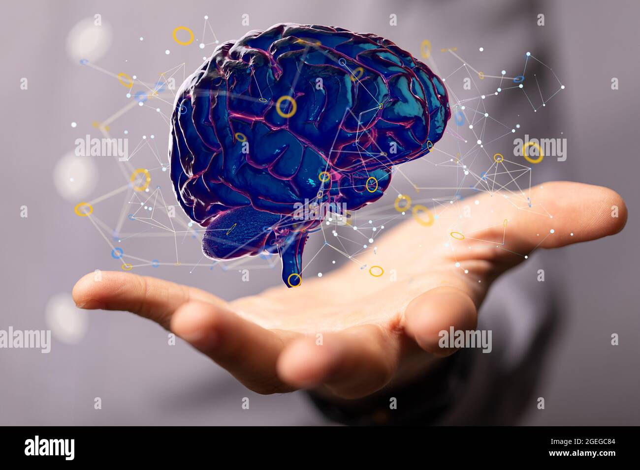Male's hand holding an illustrated blue human brain Stock Photo - Alamy