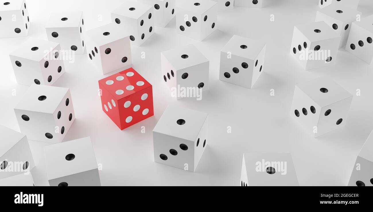 White dice showing number one with one red dice showing number six over ...