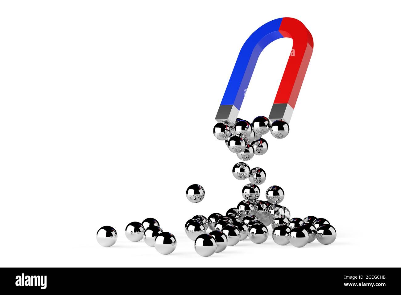 Magnet attracting silver spheres on white background, business ...