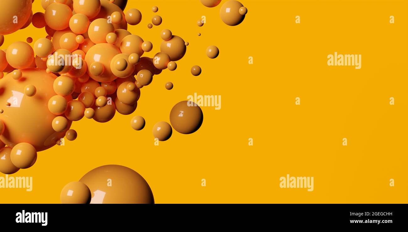 Abstract orange organic bubble fluid sphere shapes or drops on yellow ...