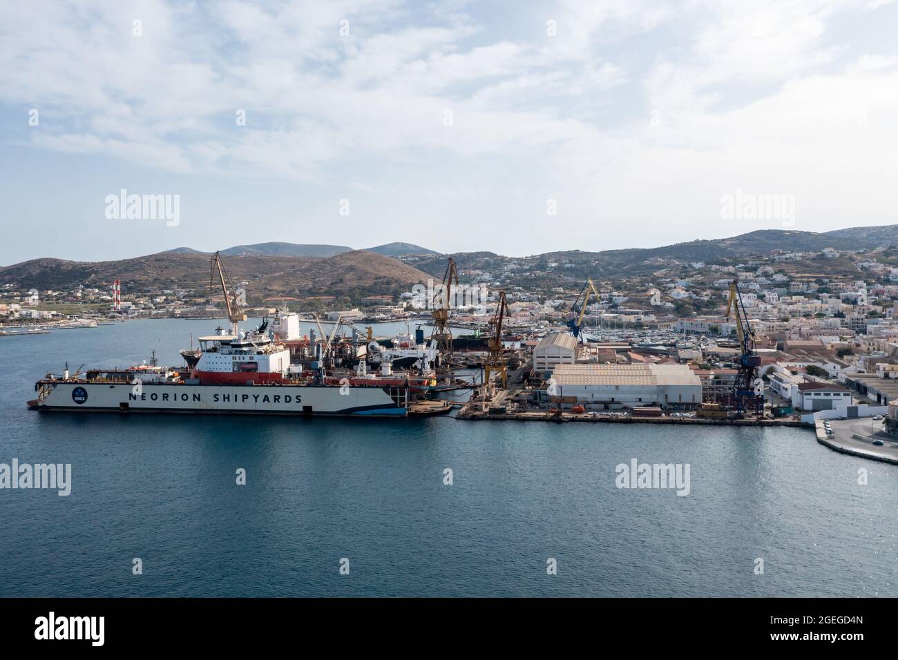 Syros island, Cyclades, Greece. May 26, 2021. Neorion shipyard harbour ...