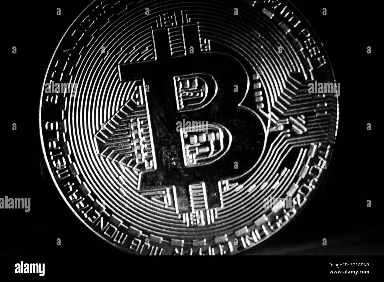 Grayscale of bitcoin sign on a coin with the black background Stock ...