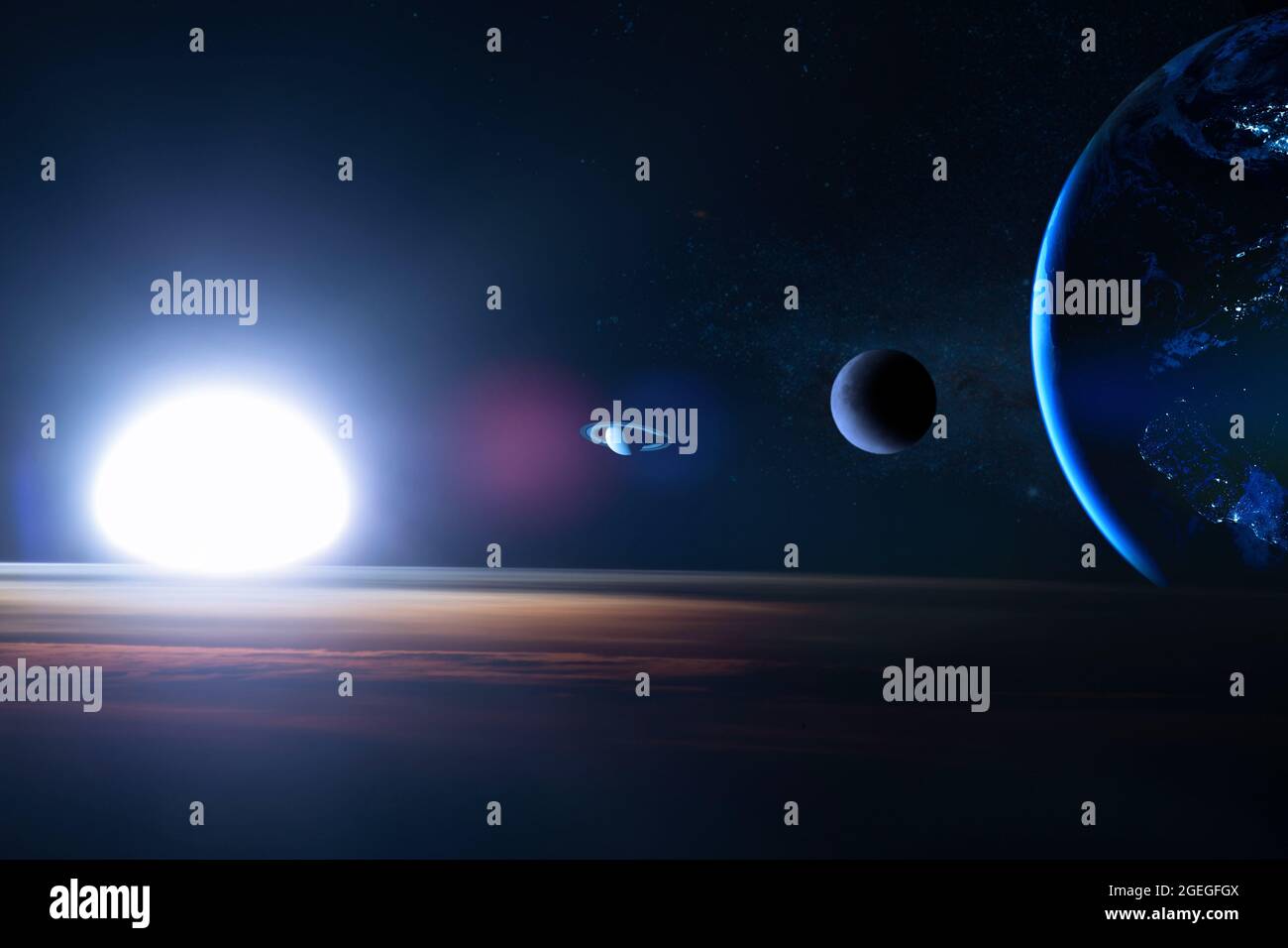 Earth in the outer space with beautiful planet. Blue sunrise. Elements ...