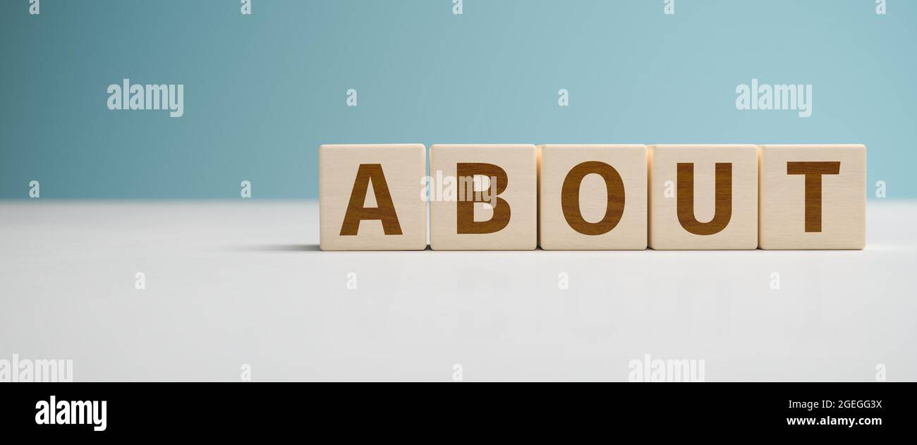 "About" web banner - the word about built from letters on wooden cubes ...