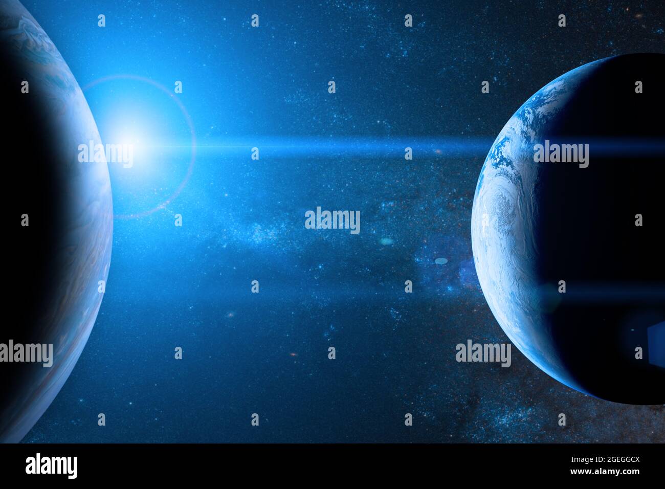 Earth in the outer space with beautiful planet. Blue sunrise. Elements ...