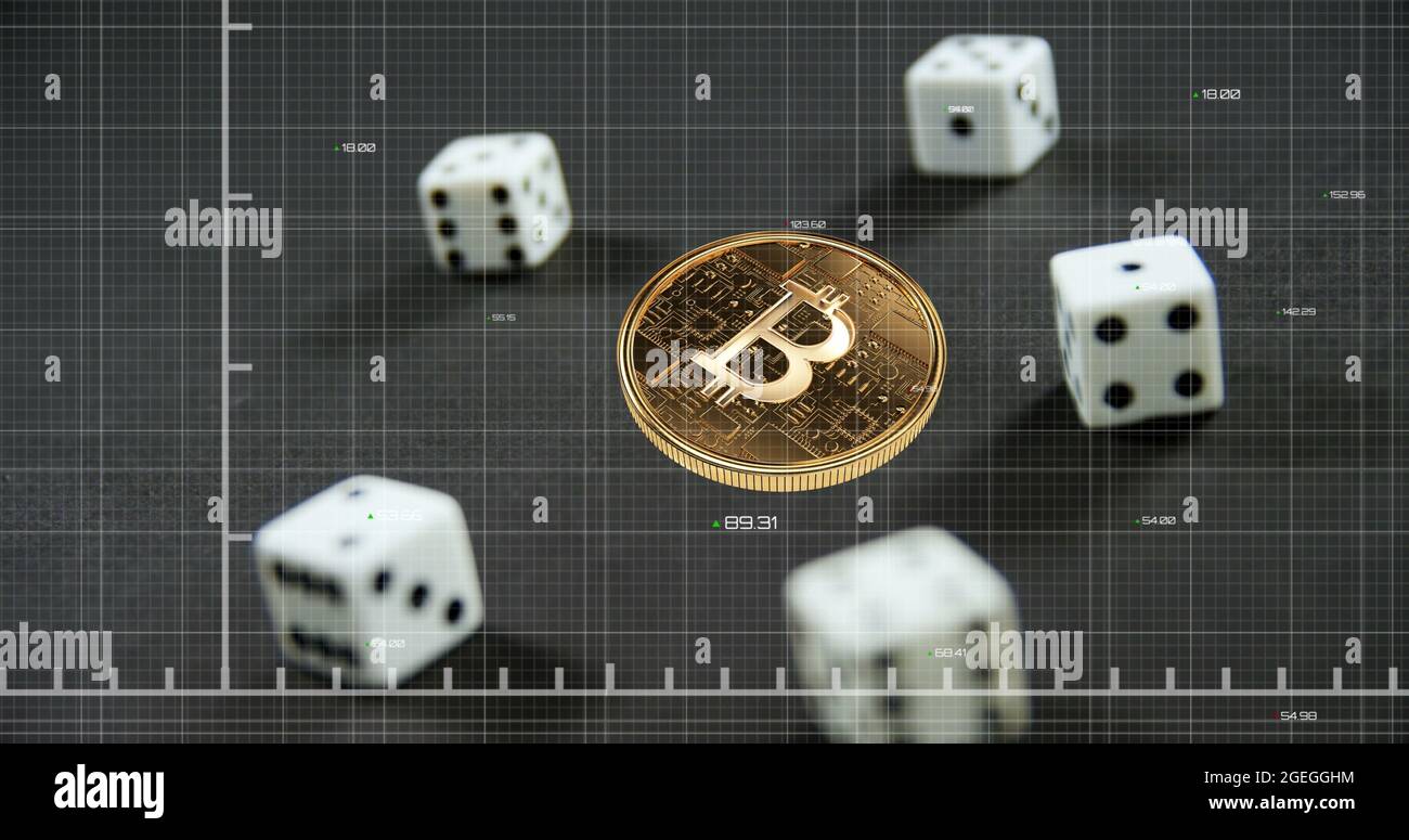 Red graph moving and golden bitcoin against dice on grey background ...
