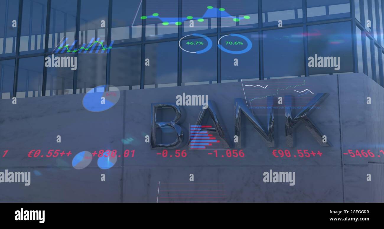 Image of financial data processing over modern bank building Stock ...