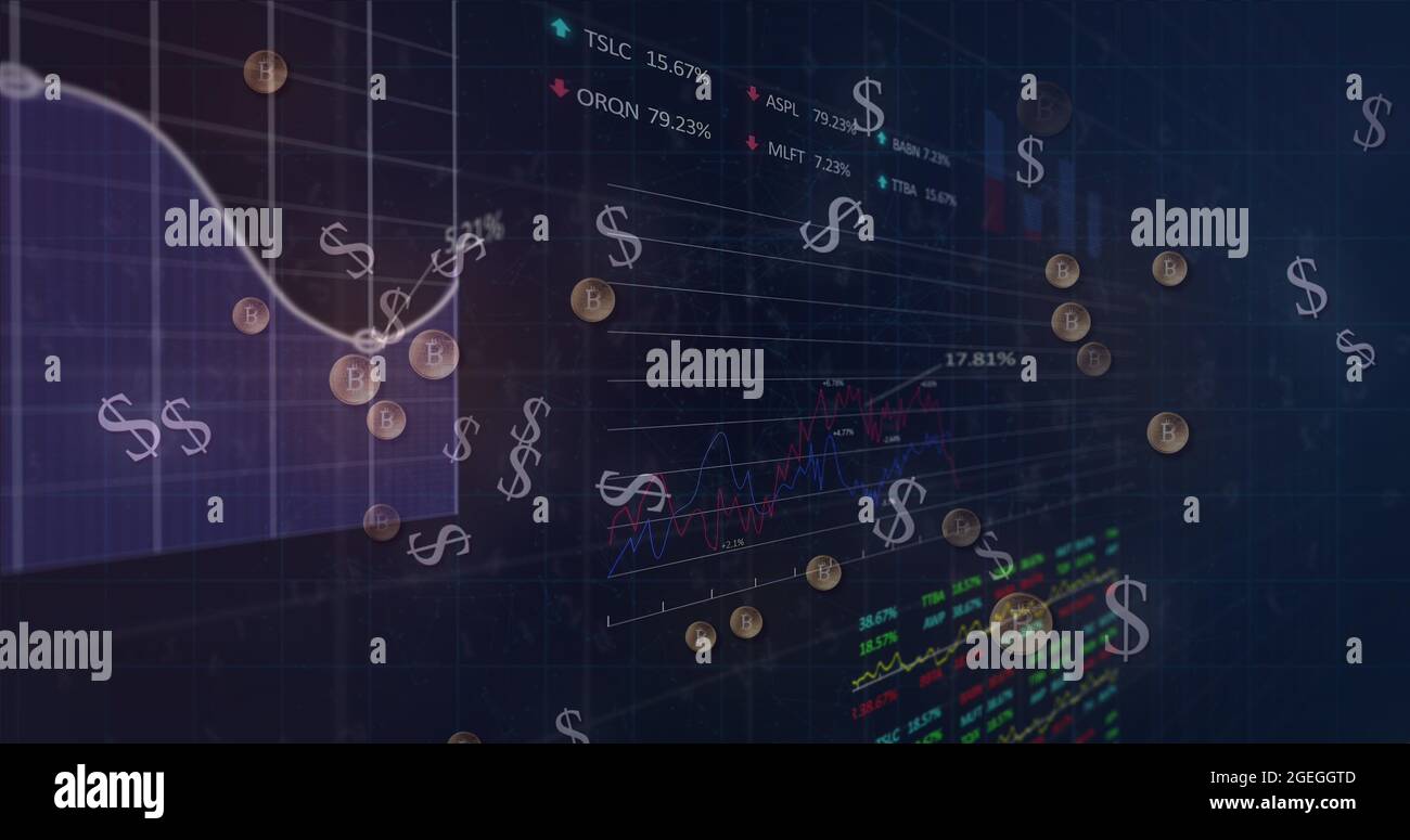 Multiple dollar and bitcoin symbols moving over financial data ...