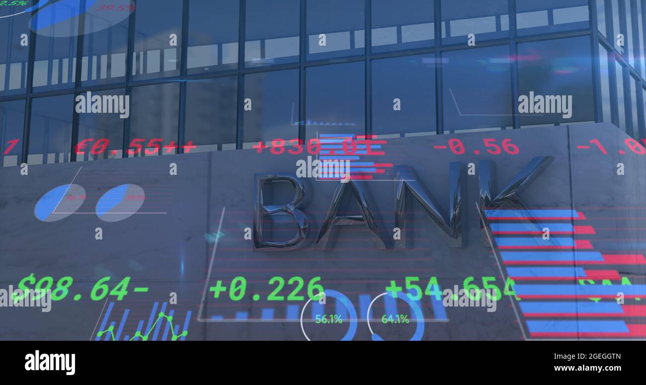 Image of financial data processing over modern bank building Stock ...