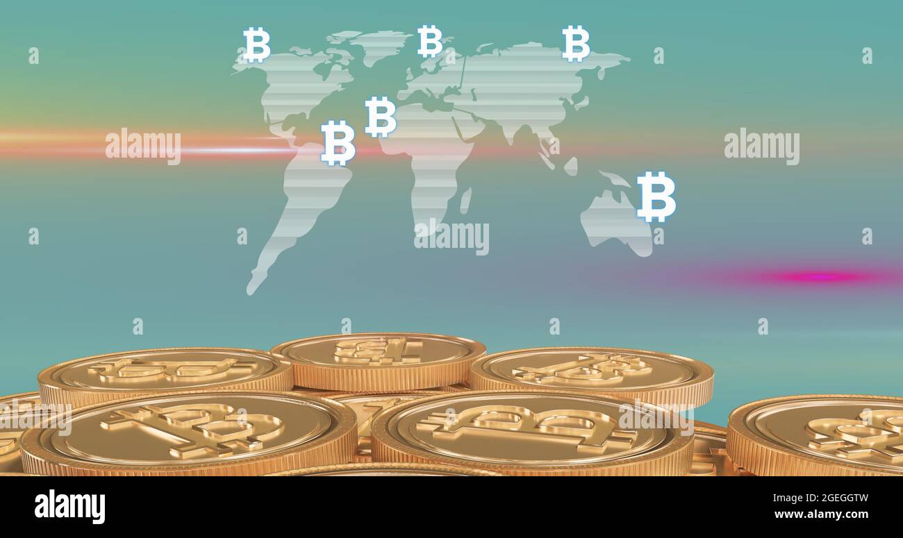Gold bitcoins over world map with bitcoin symbols against green ...