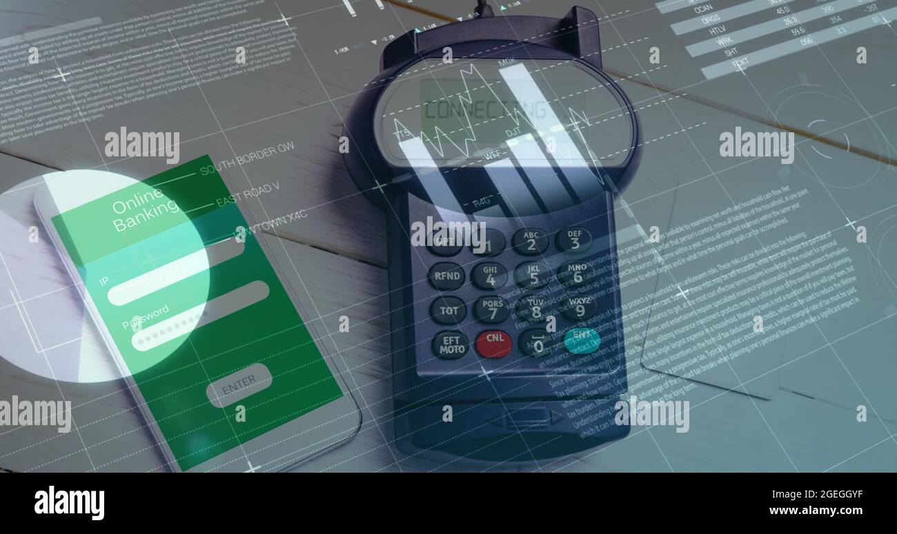 Image of financial data processing over payment terminal and smartphone ...