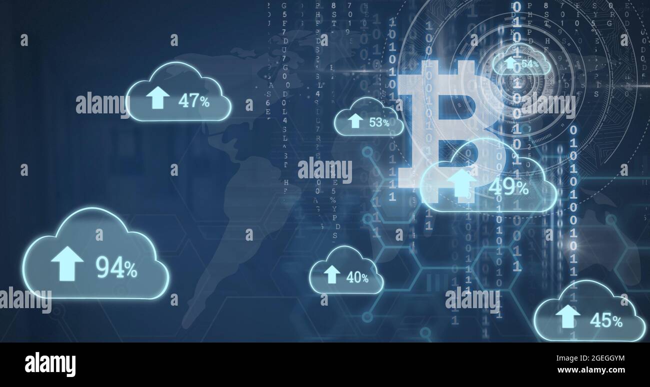 Cloud icons and bitcoins symbol over world map against blue background ...