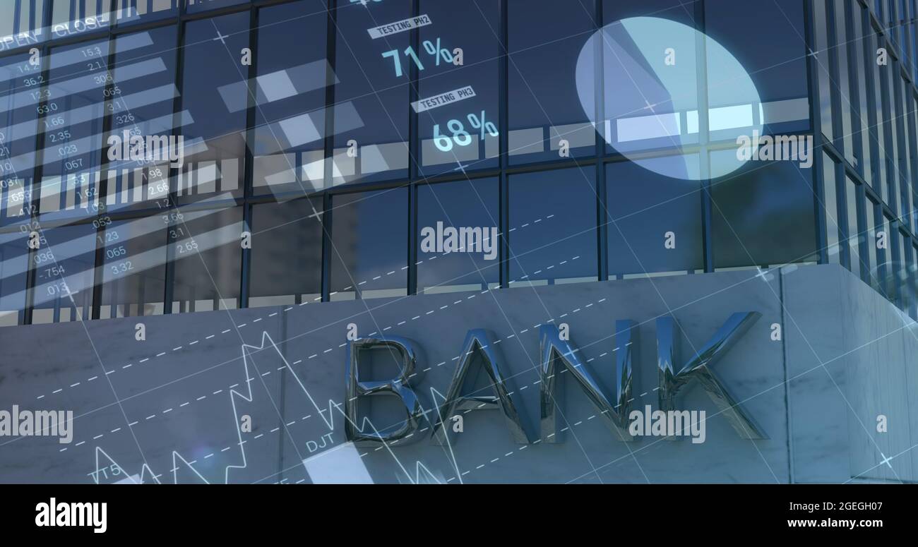 Image of financial data processing over modern bank building Stock ...