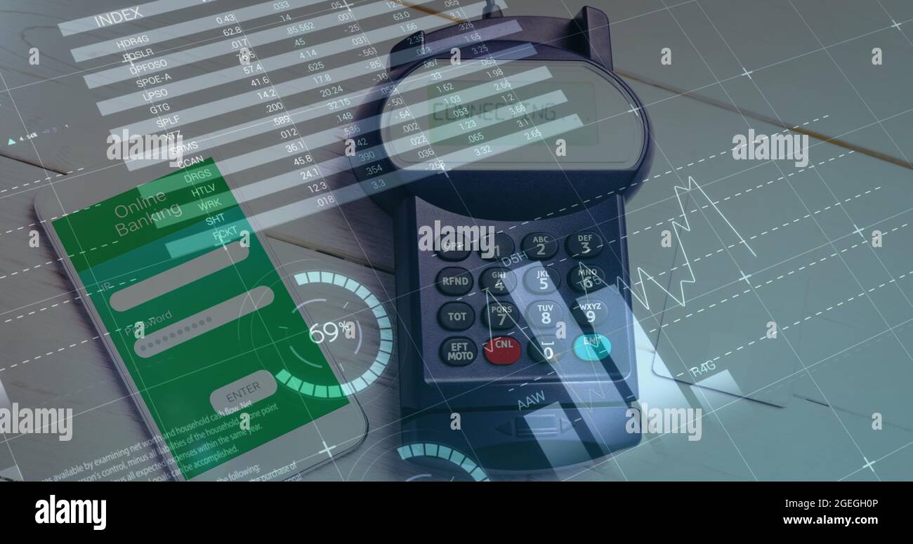 Image of financial data processing over payment terminal and smartphone ...