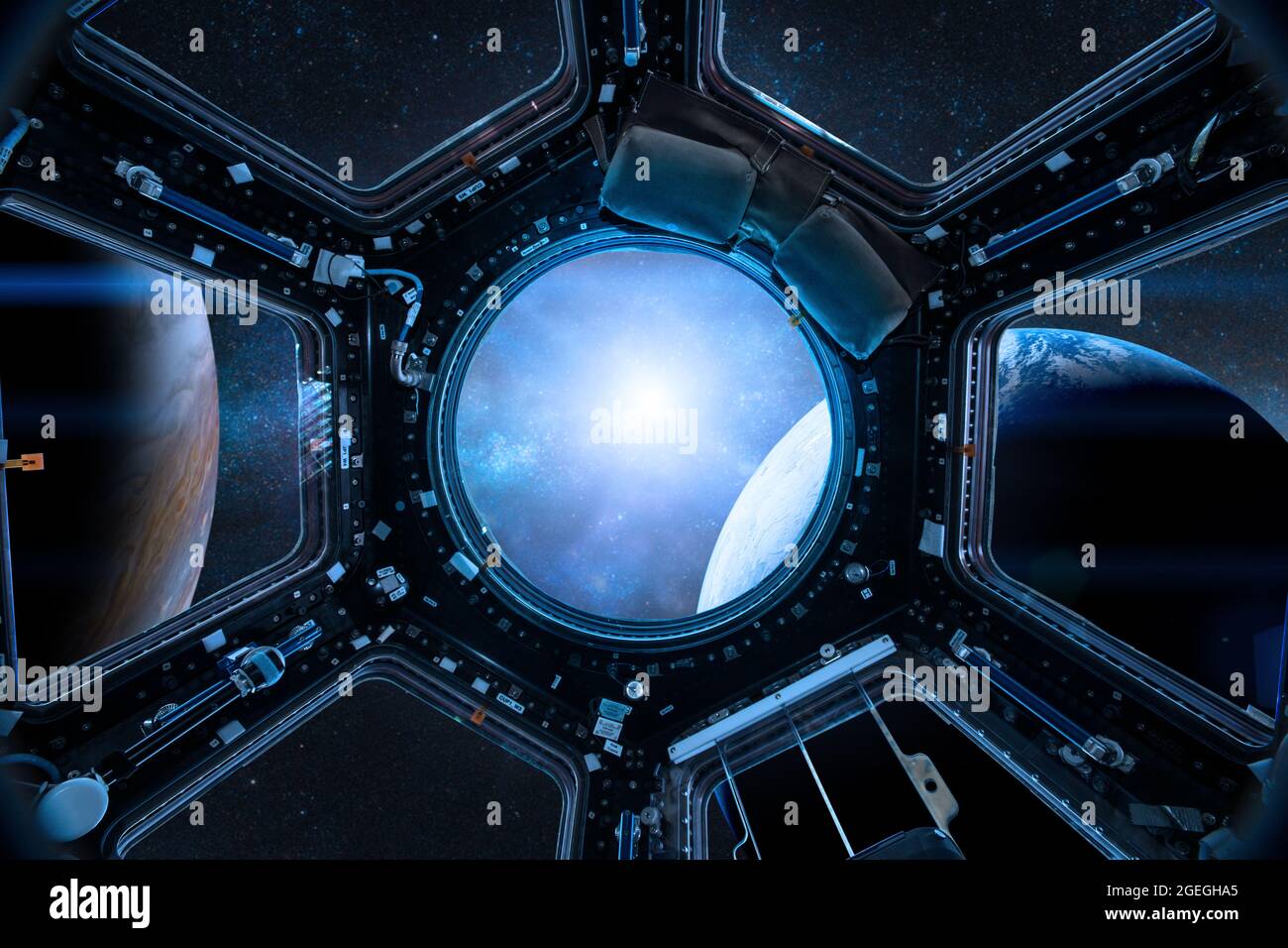 View from a porthole of space station on the Earth background. Elements ...