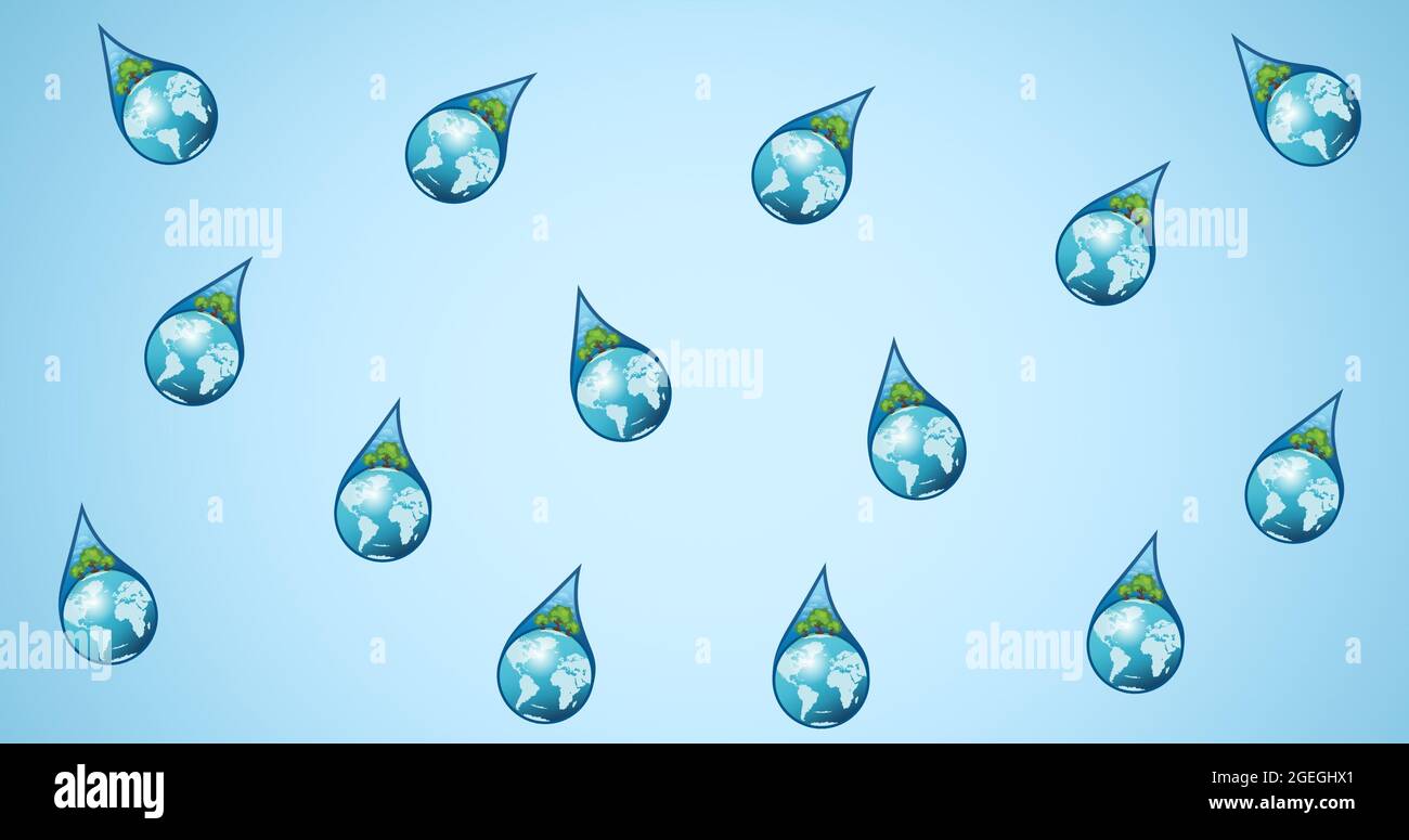 Composition of multiple globes in water droplets over blue background ...