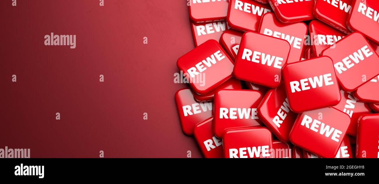 Logos of the German supermarket chain REWE a co-operative trade group ...
