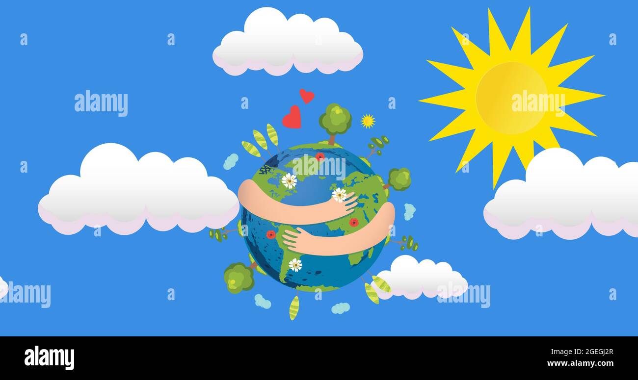 Composition of arms hugging globe over blue sky, sun and clouds ...