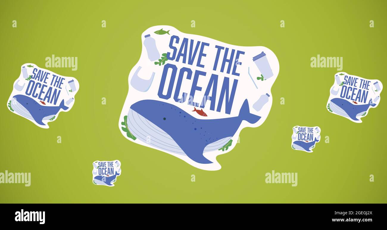 Composition of save the ocean text with whale and plastic logo over ...