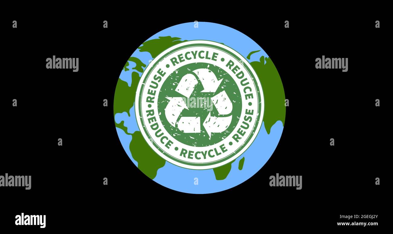 Composition of recycling text and logo over globe on black background ...