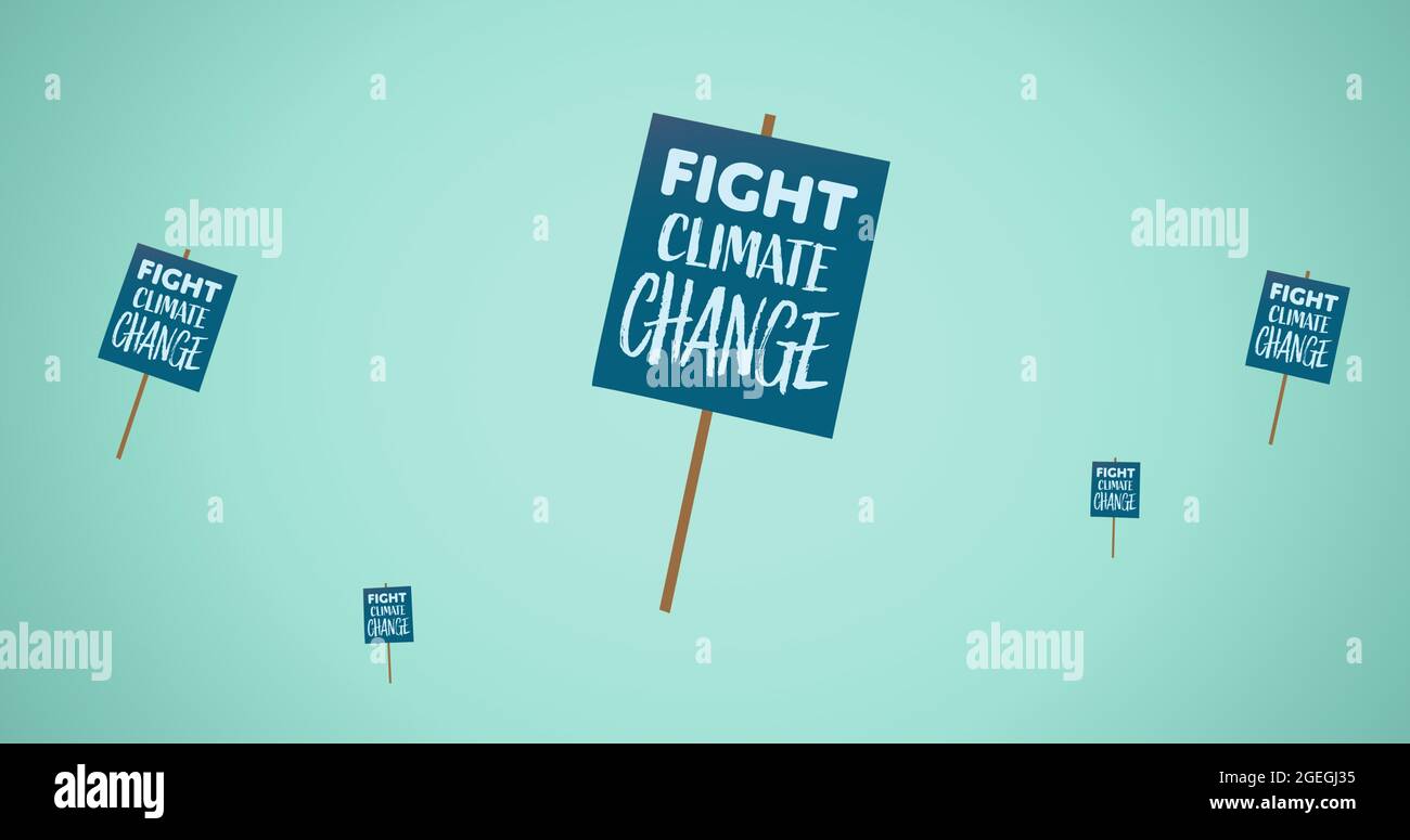 Composition of climate change text on placard over blue background ...