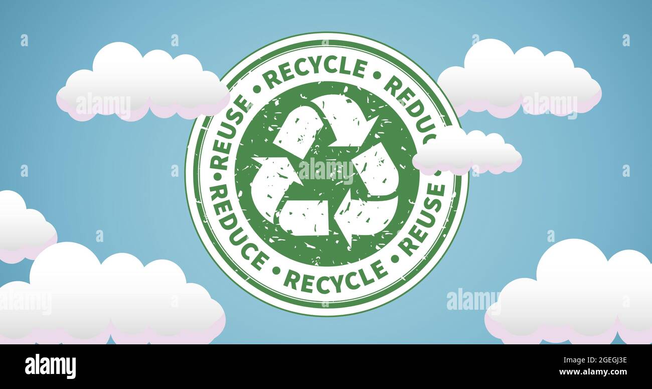 Composition of recycling text and logo over blue sky and clouds Stock ...