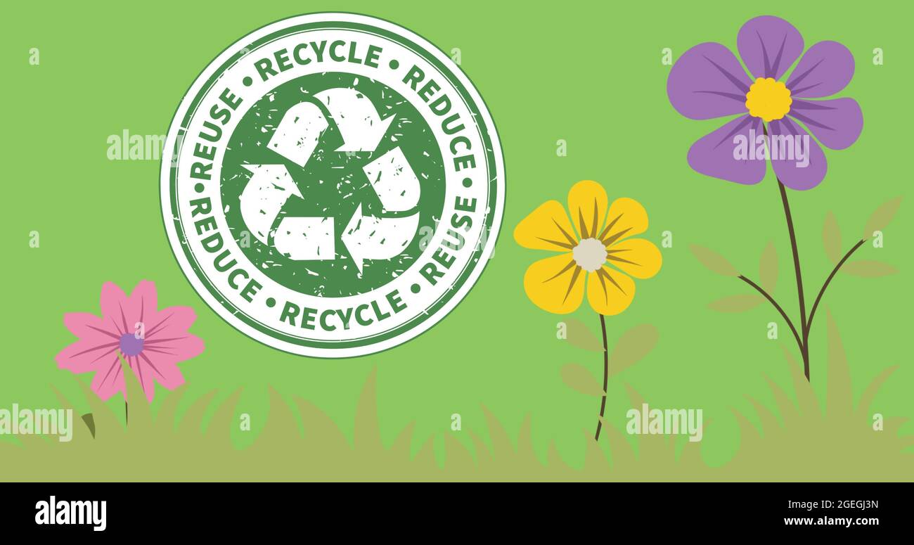 Composition of recycling text and logo with flowers on green background ...