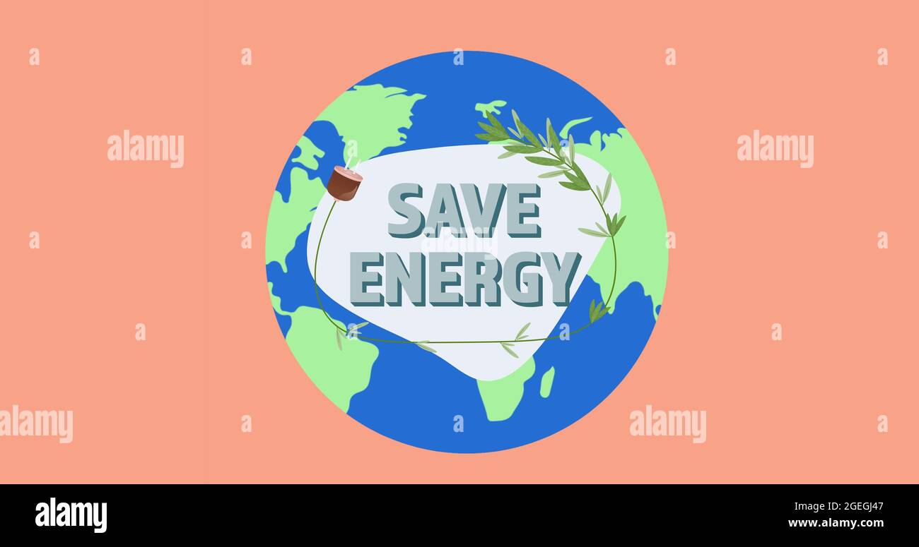 Composition of save energy text on globe over pink background Stock ...