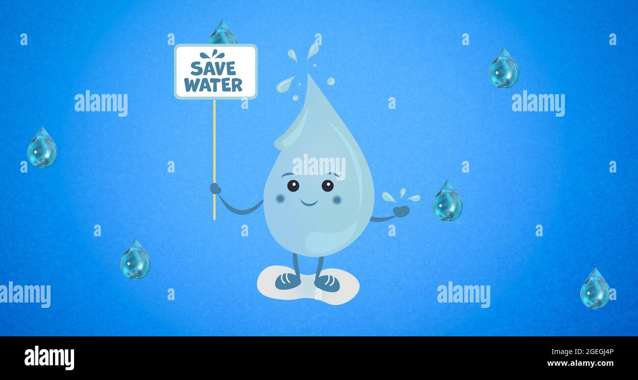 Composition of save water text on placard held by water drop, with ...