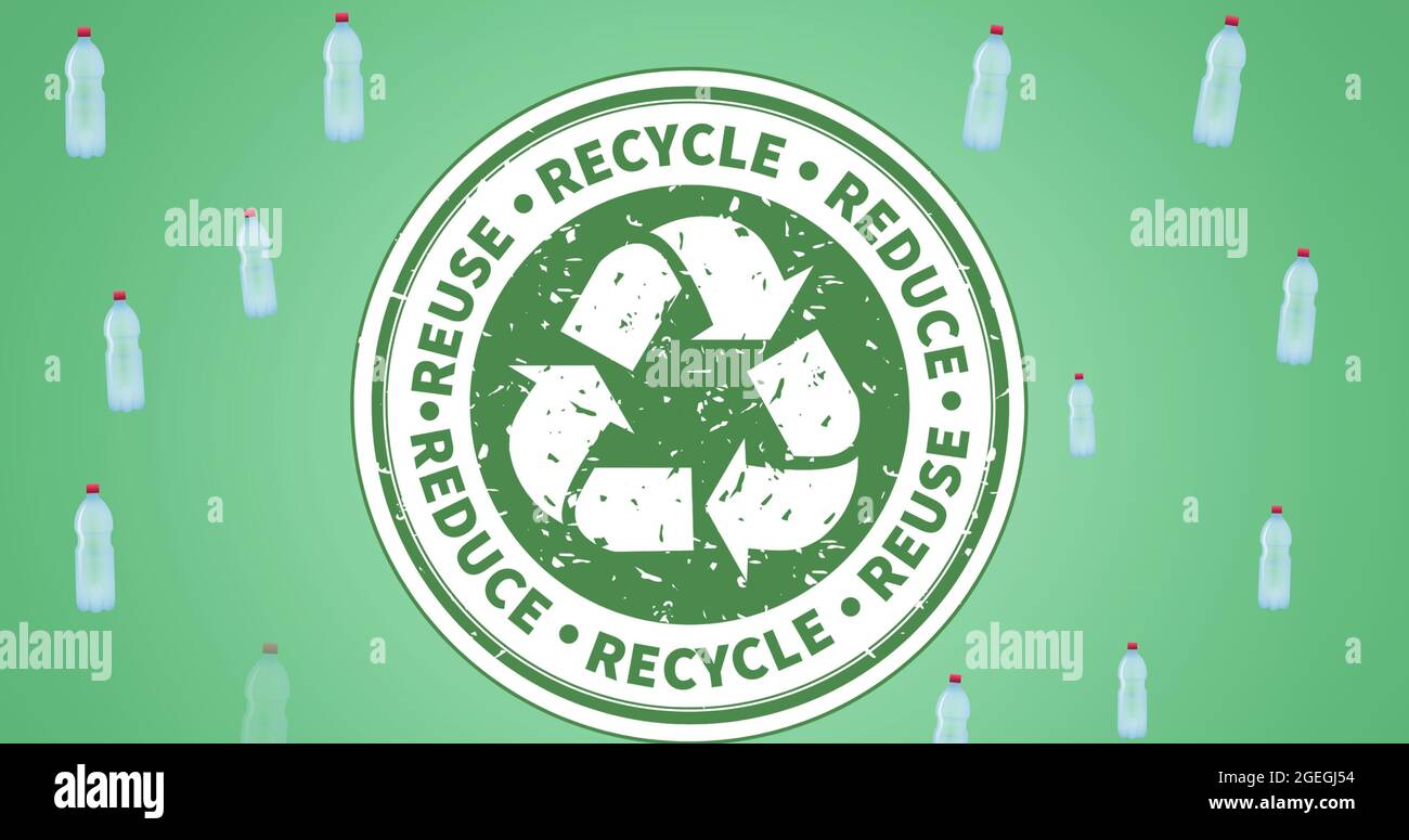 Composition of recycling text and logo with plastic bottles on green ...