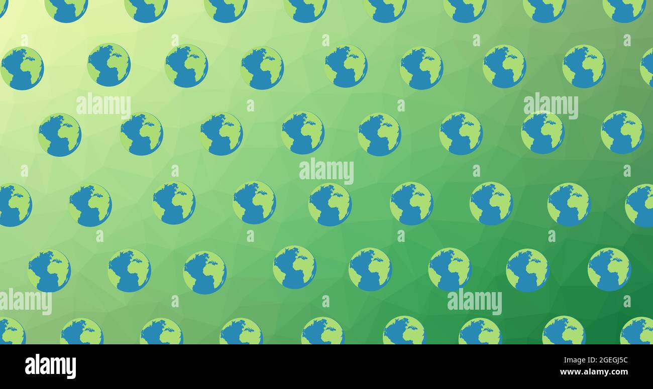 Composition of multiple globes over green background Stock Photo - Alamy