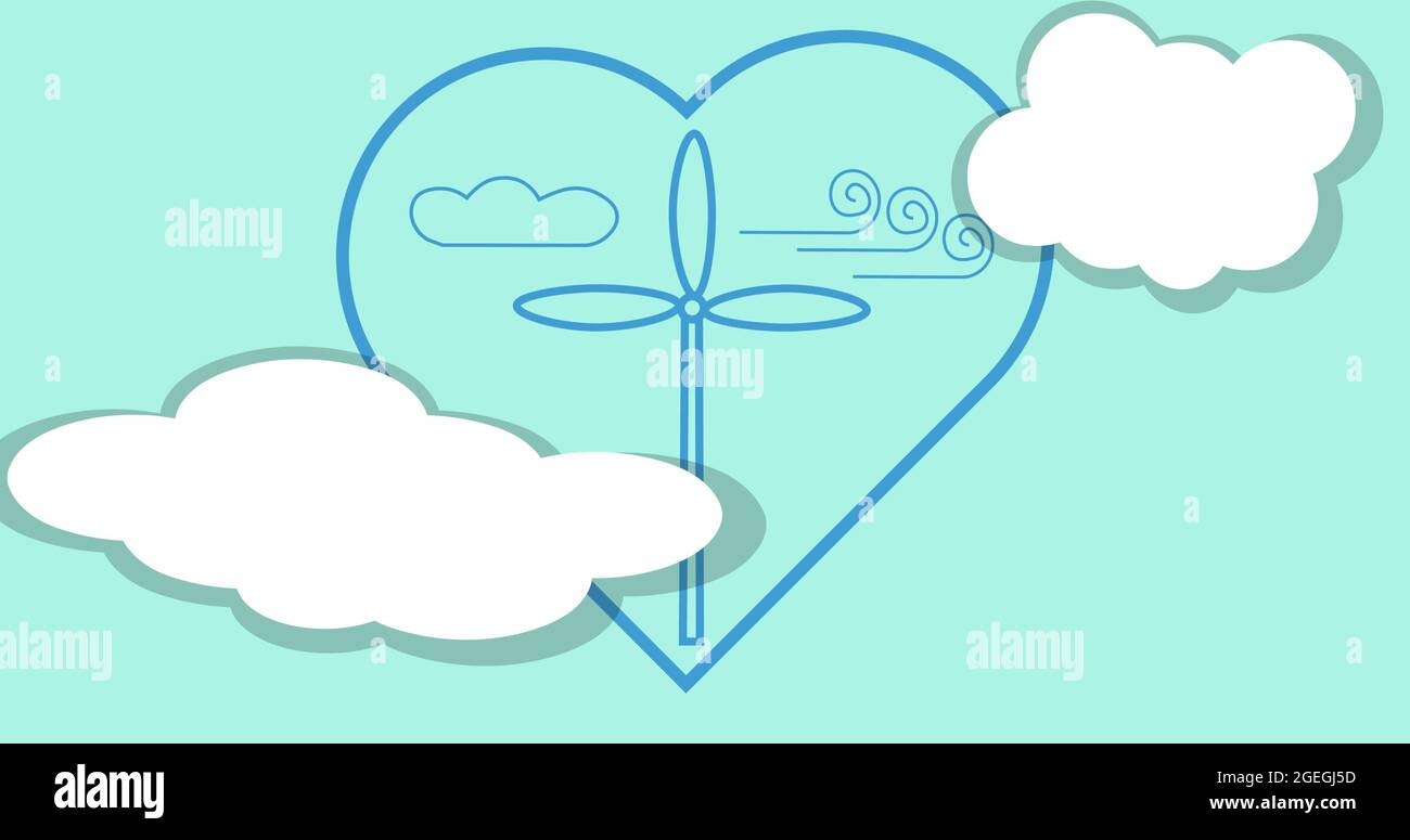 Composition of windmill and heart logo over blue sky and clouds Stock ...