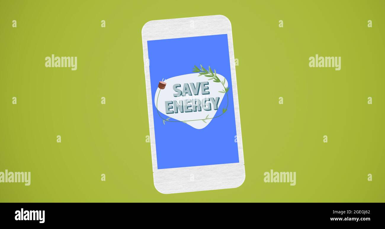 Composition of save energy text and plant plug logo on blue smartphone ...