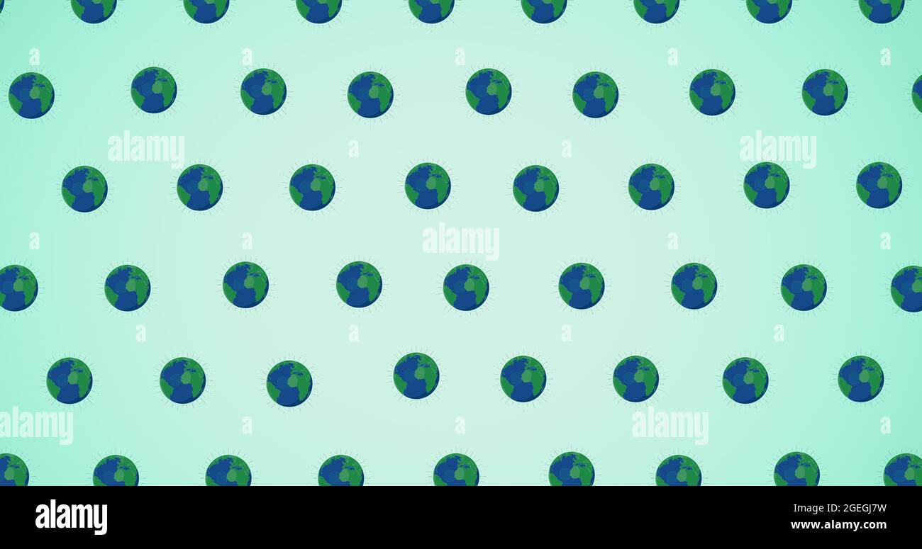 Composition of multiple globes repeated in grid over blue background ...