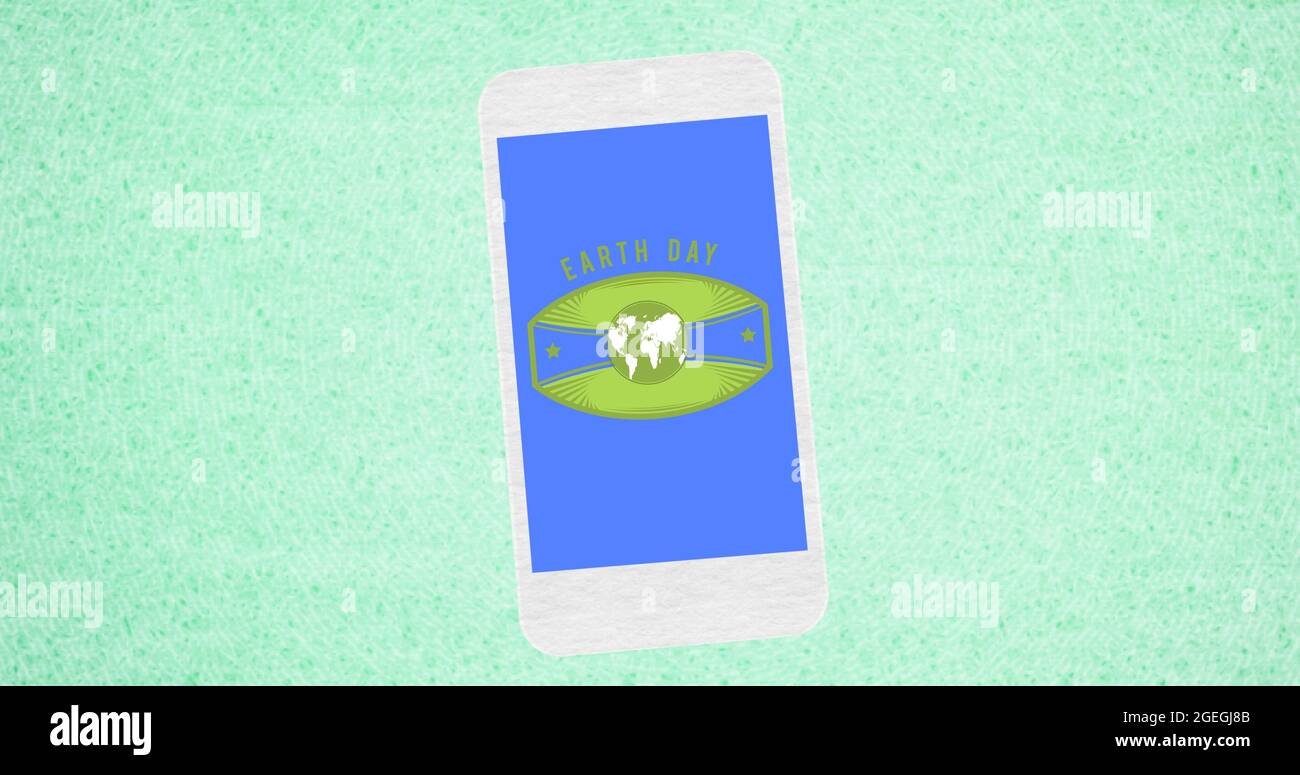 Composition of earth day text and globe logo on blue smartphone screen, over pale green ...
