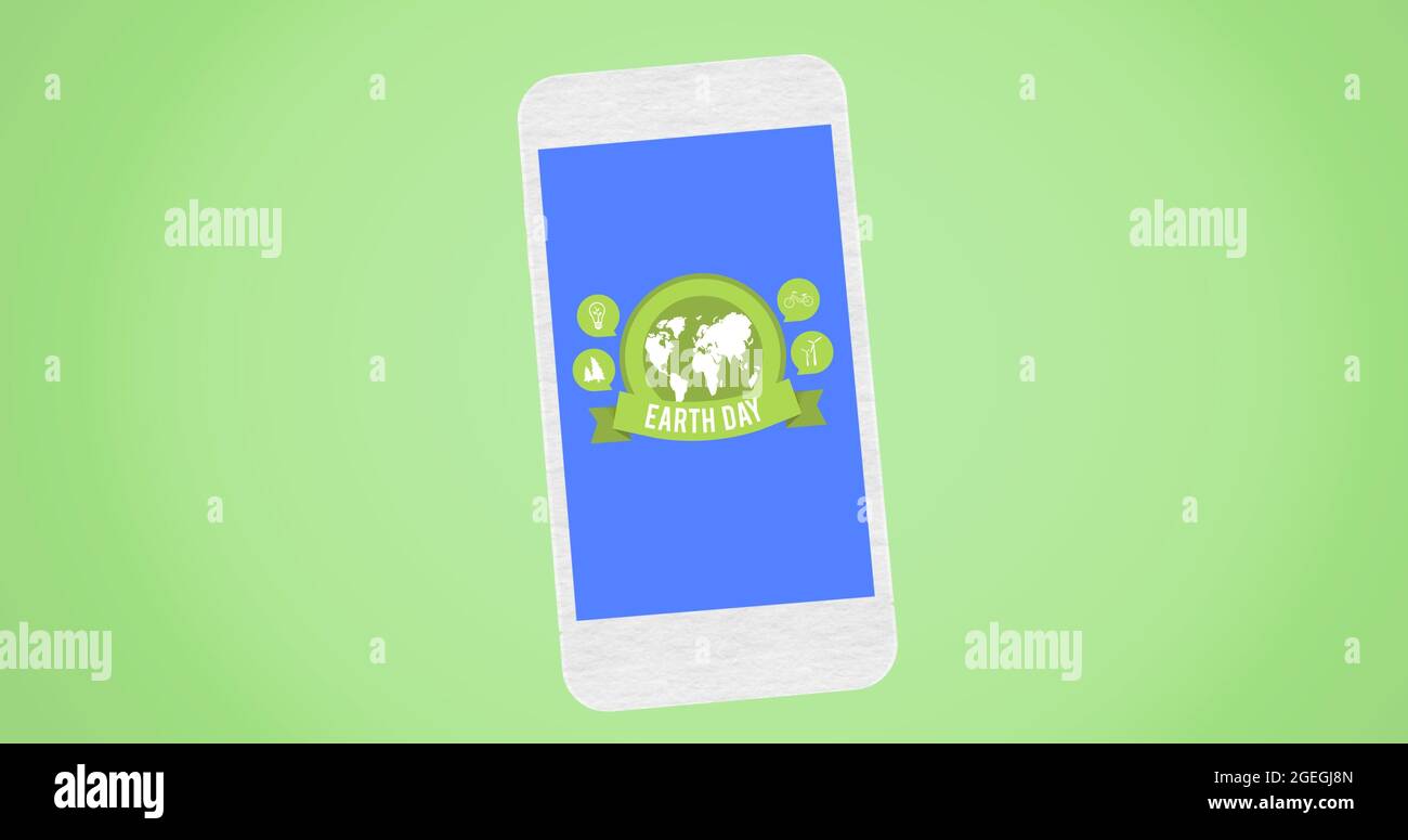 Composition of earth day text and globe logo on blue smartphone screen, over pale green ...