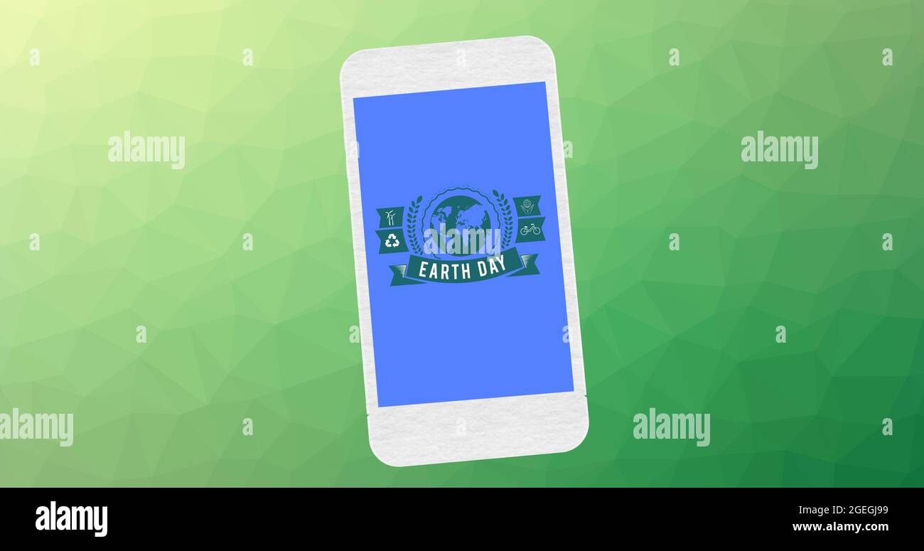 Composition of earth day text and globe logo on blue smartphone screen, over green background ...