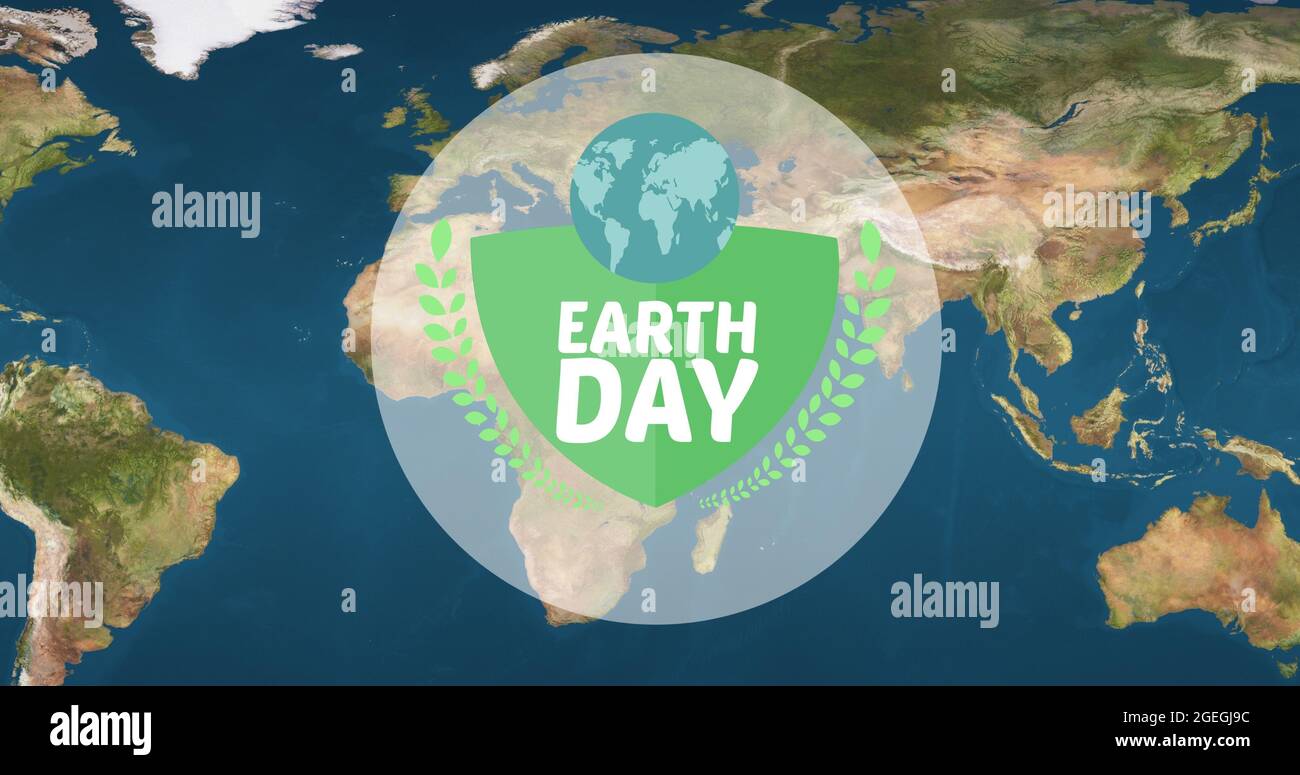Composition of earth day text and green globe logo over world map ...