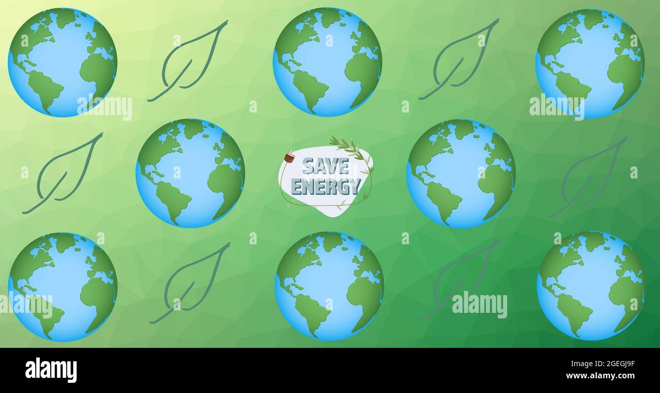 Composition of save energy text, with leaf logos and globes on green ...
