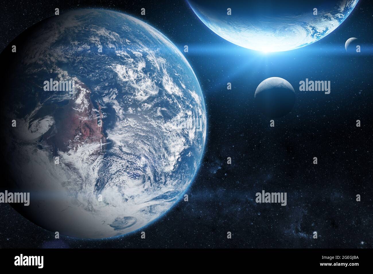 Earth in the outer space with beautiful planet. Blue sunrise. Elements ...