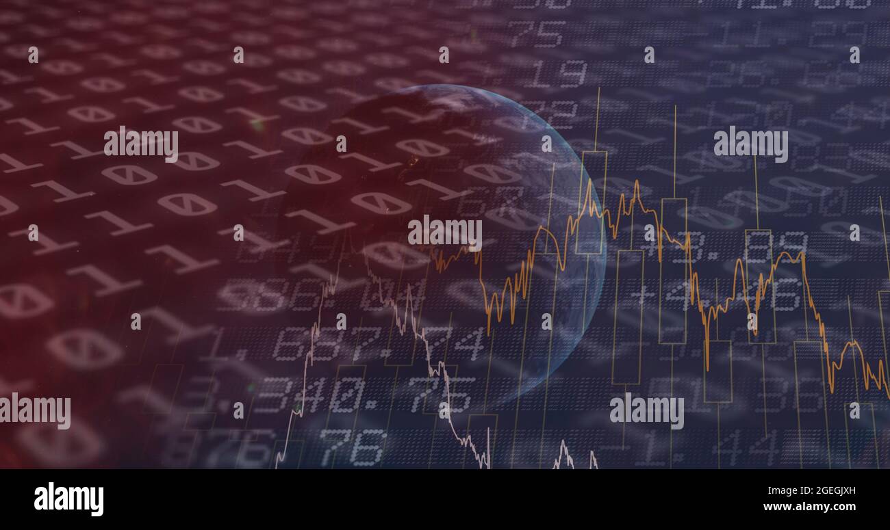 Image Of Financial Data And Binary Coding Processing Over Globe Stock